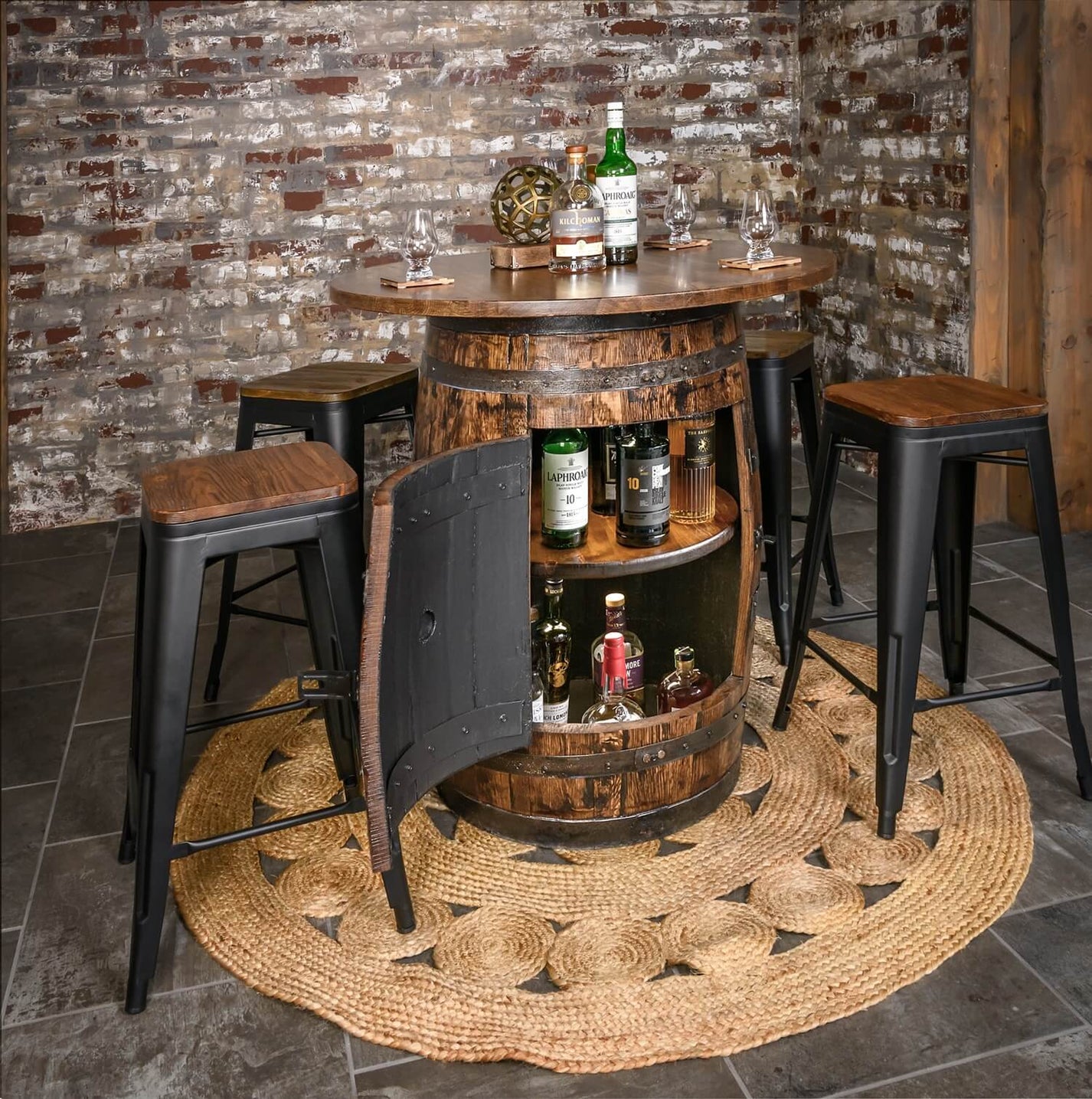 Deluxe Whiskey Barrel Pub Table w/ 36" Oak Table Top and Cabinet ...