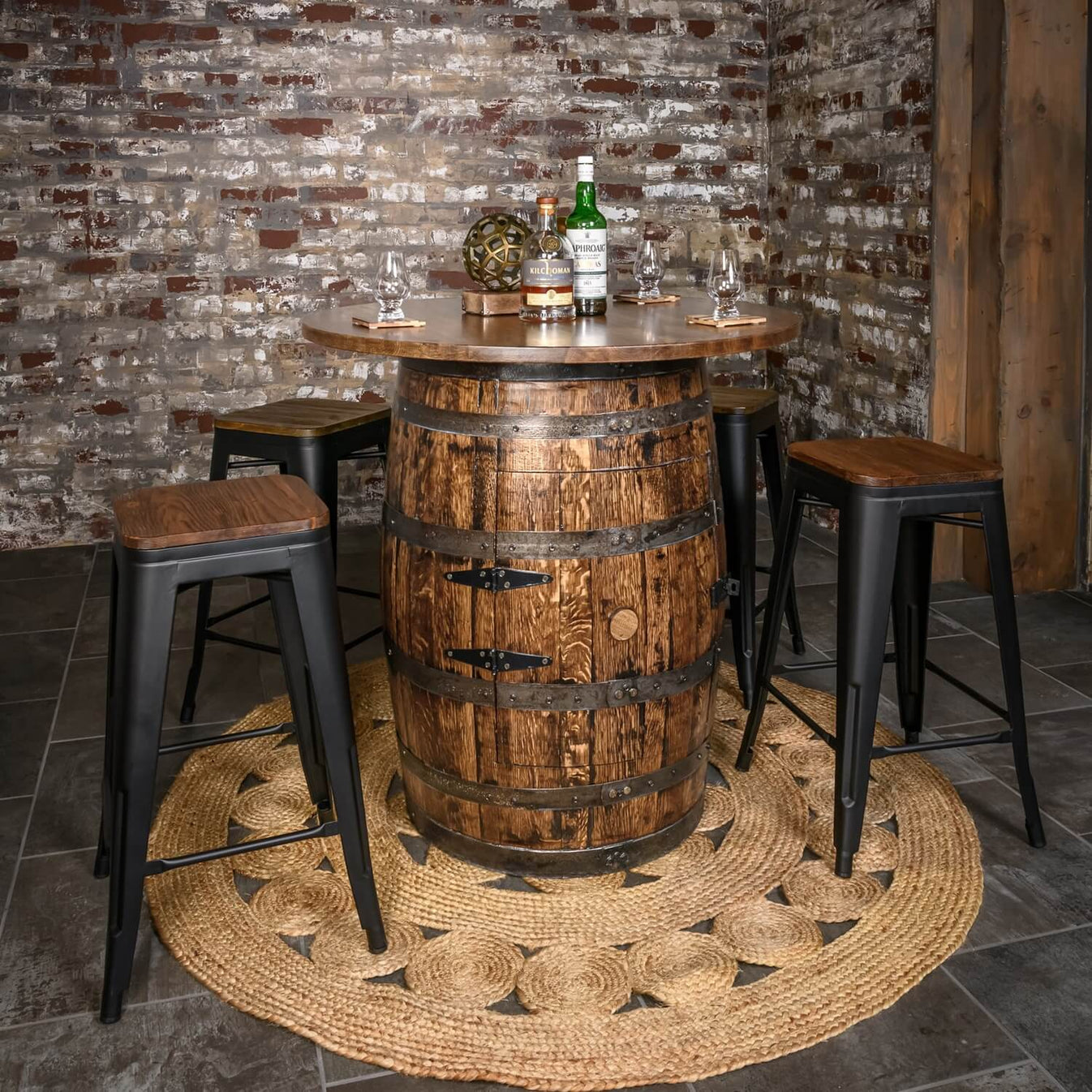 Deluxe Whiskey Barrel Pub Table w/ 36" Oak Table Top and Cabinet ...