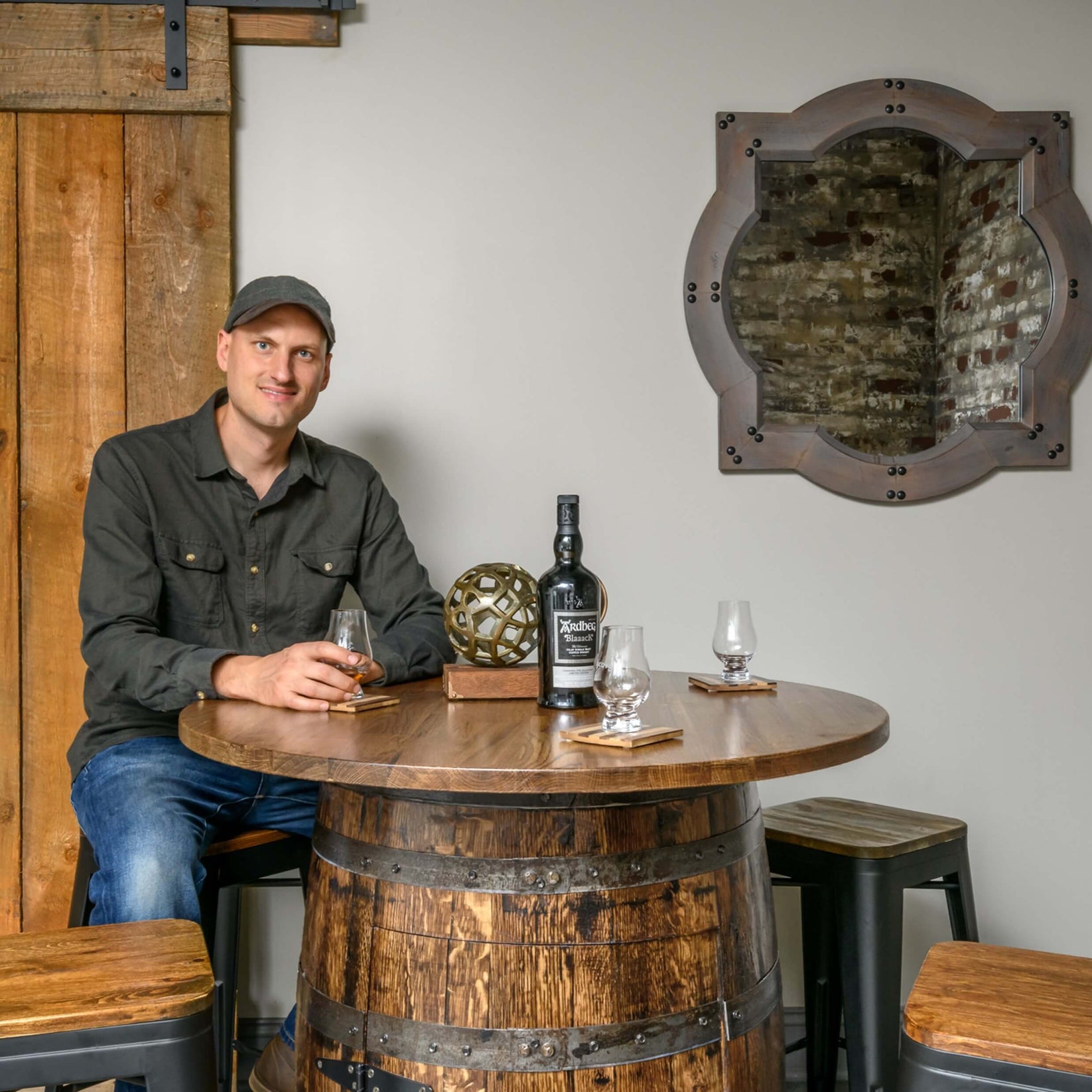 Deluxe Whiskey Barrel Pub Table w/ 36" Oak Table Top and Cabinet ...