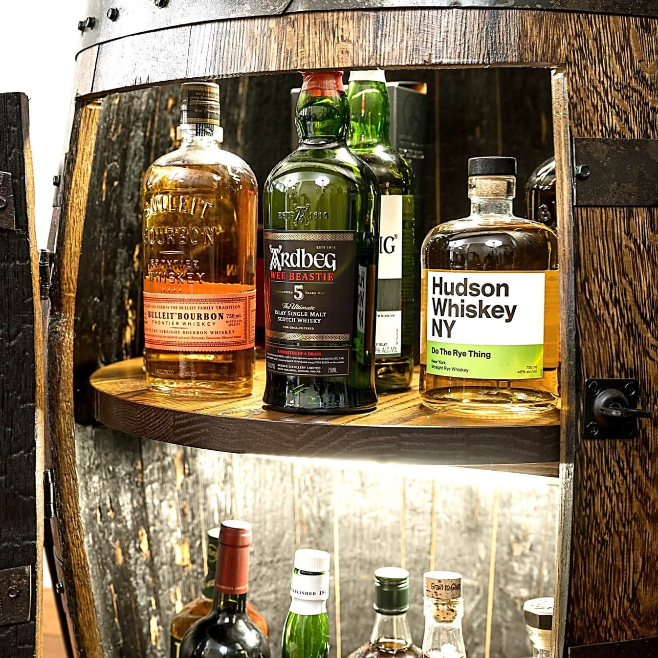 Deluxe Whiskey Barrel Pub Table w/ 36" Oak Table Top and Cabinet ...