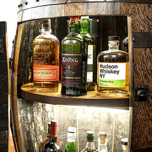 Deluxe Whiskey Barrel Pub Table w/ 36" Oak Table Top and Cabinet ...