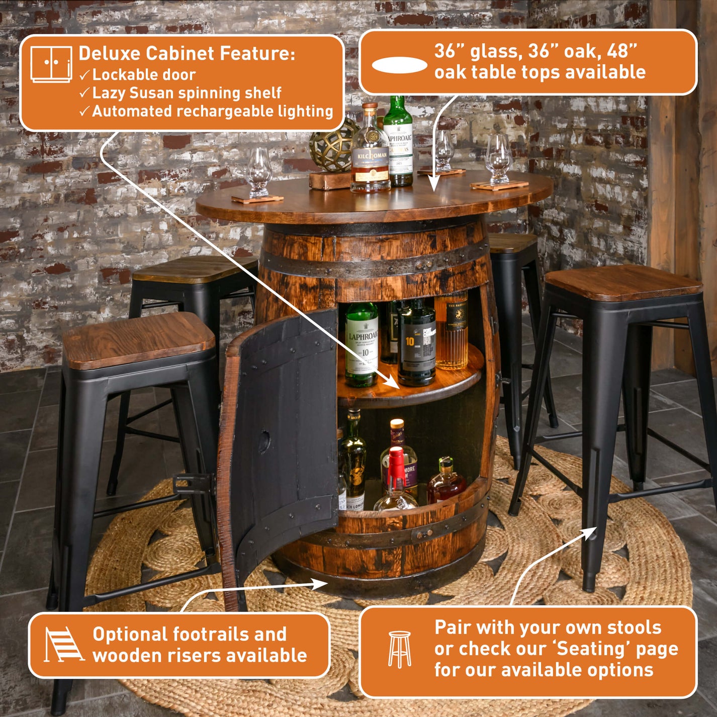 Deluxe Whiskey Barrel Pub Table w/ 36" Oak Table Top and Cabinet ...