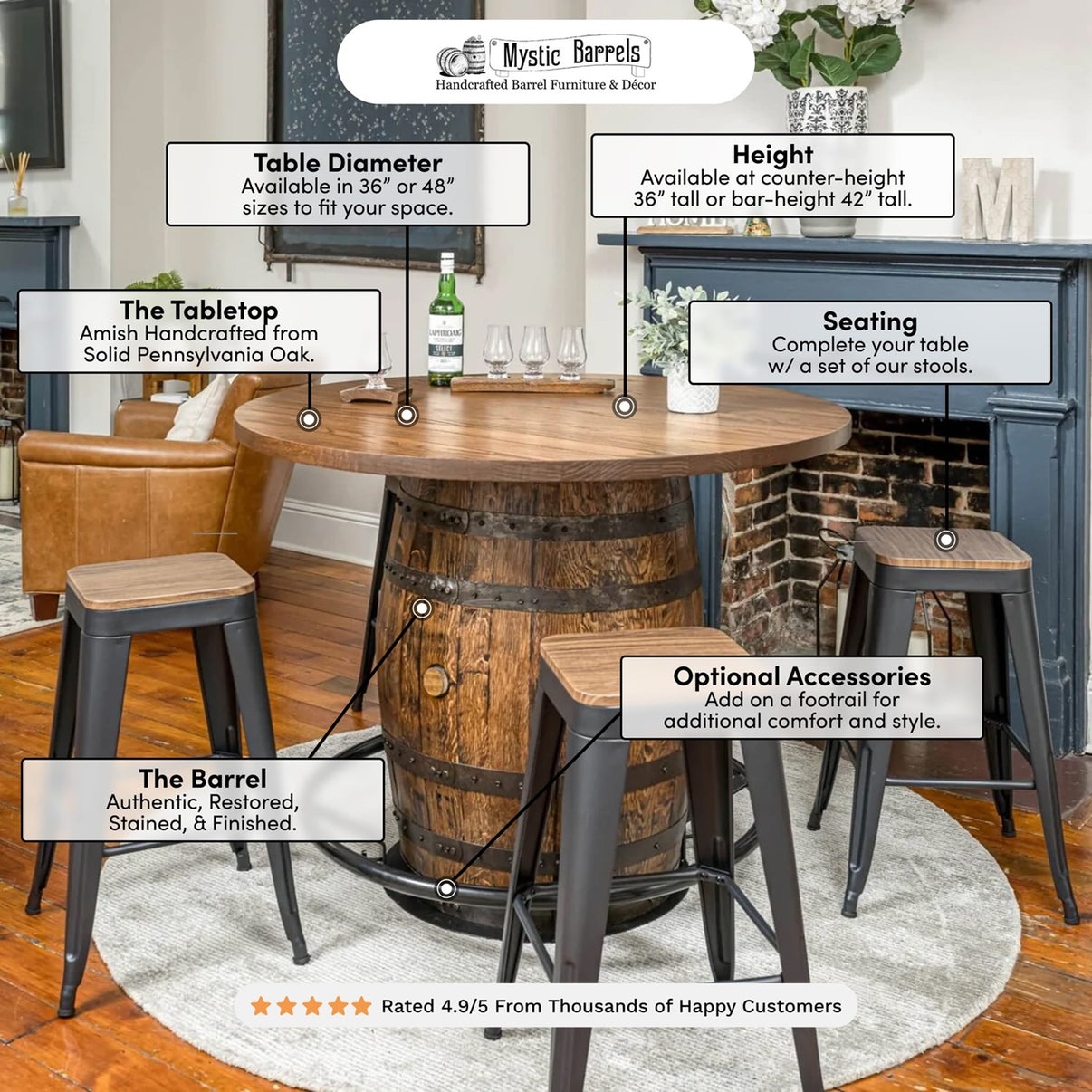 Standard Whiskey Barrel Pub Table w/ 36" or 48" Table Top – Mystic Barrels