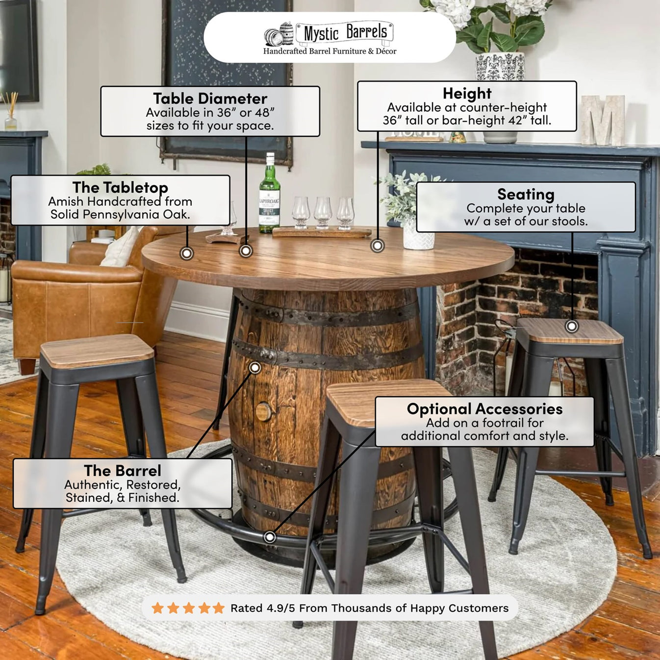 Standard Whiskey Barrel Pub Table w/ 36" or 48" Table Top – Mystic Barrels