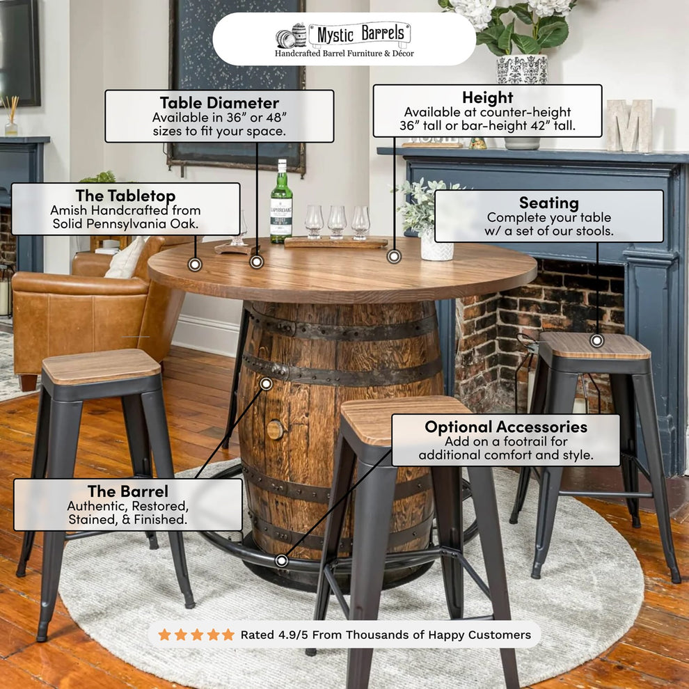 Standard Whiskey Barrel Pub Table w/ 36" or 48" Table Top – Mystic Barrels