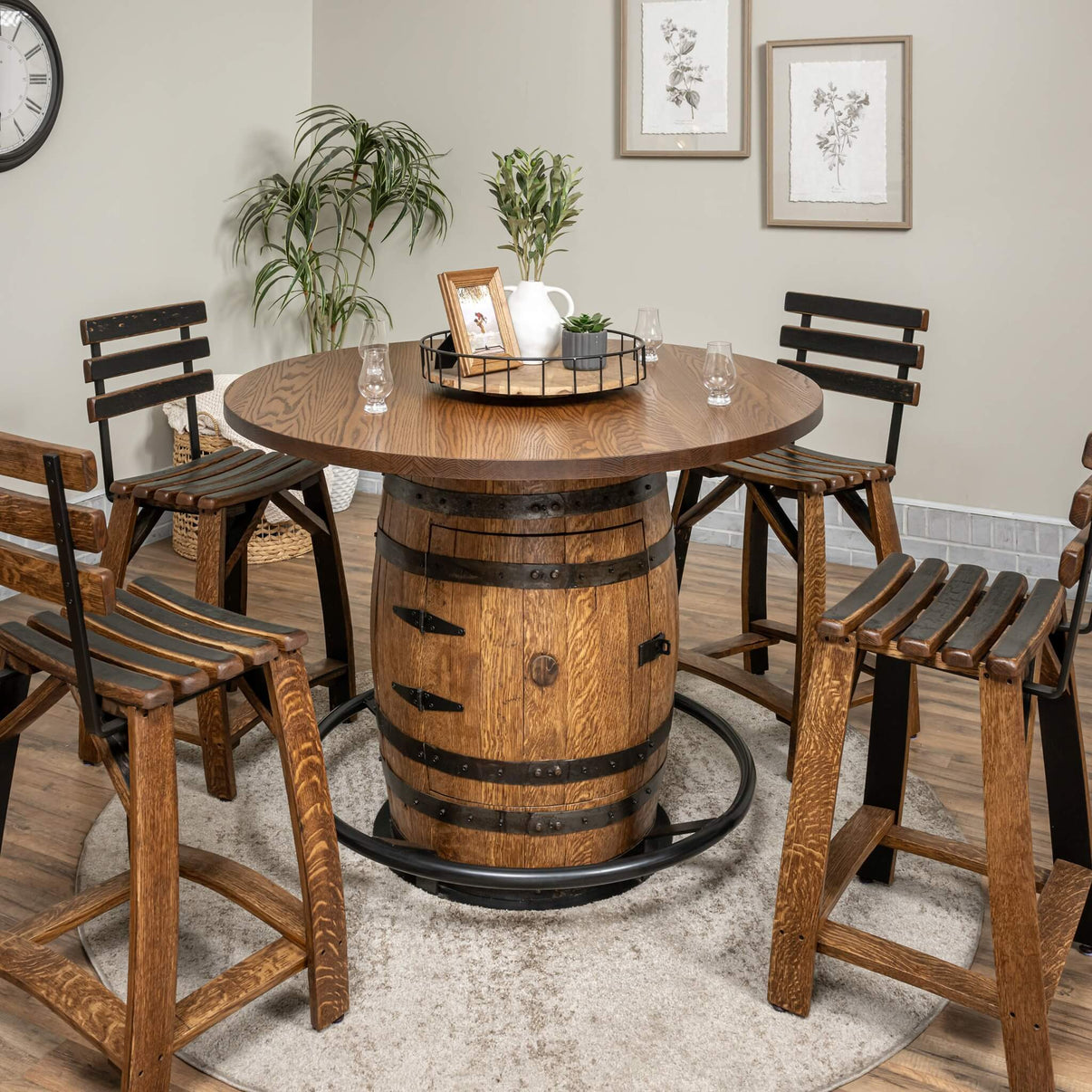Deluxe Whiskey Barrel Pub Table w/ 36" Oak Table Top and Cabinet ...