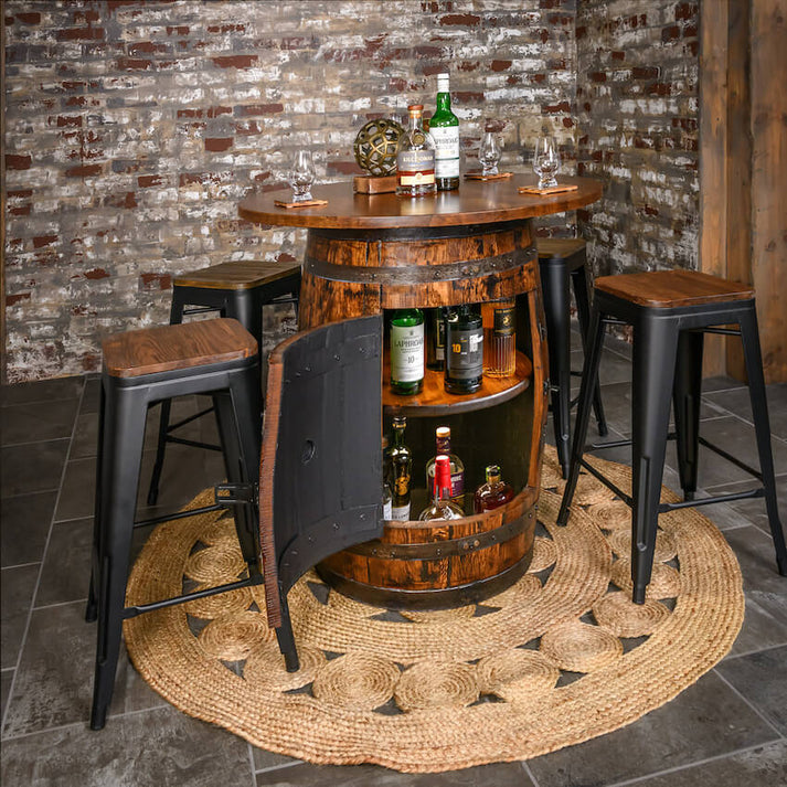 Deluxe Whiskey Barrel Pub Table w/ 36" Oak Table Top and Cabinet ...