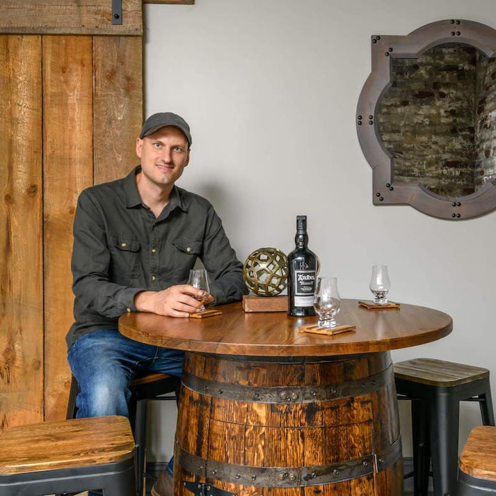 Deluxe Whiskey Barrel Pub Table w/ 36" Oak Table Top and Cabinet ...